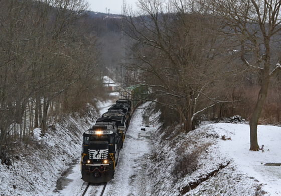 Standard Cab Dash-9 Leading NS 211 After A Snowfall – B-Line Railfan